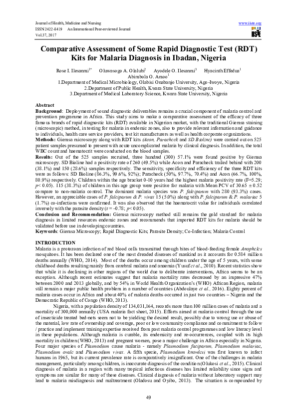 (PDF) Comparative Assessment of Some Rapid Diagnostic Test (RDT) Kits ...
