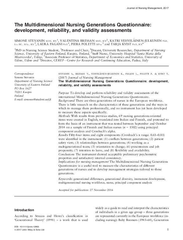 (PDF) The Multidimensional Nursing Generations Questionnaire: development, reliability, and ...