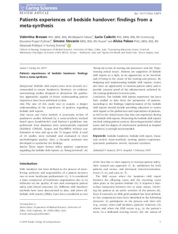 (PDF) Patients experiences of bedside handover: findings from a meta ...
