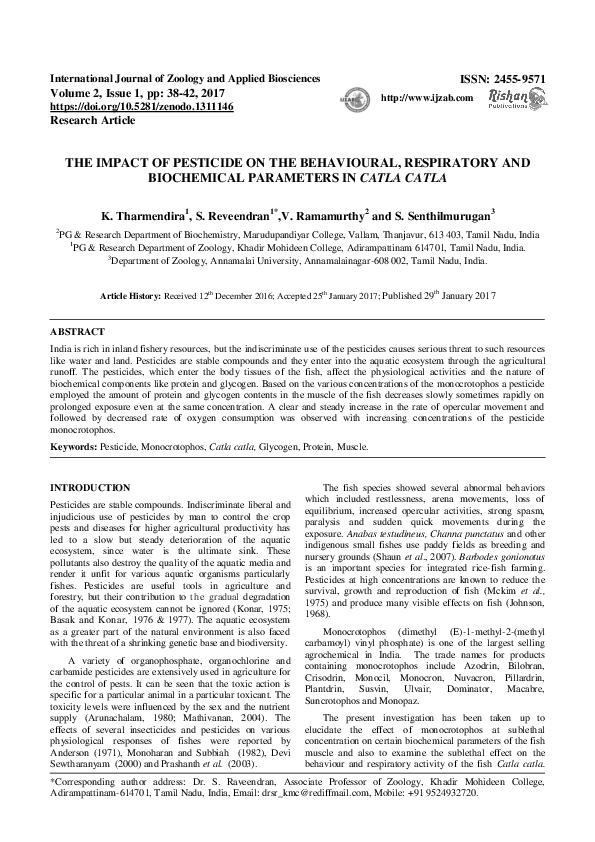 Pdf The Impact Of Pesticide On The Behavioural Respiratory And Biochemical Parameters In