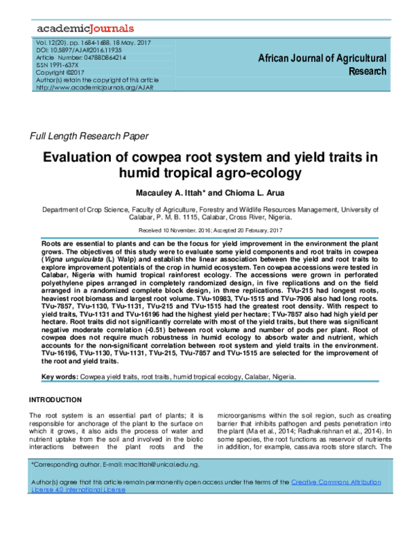 (PDF) Evaluation of cowpea root system and yield traits in humid ...