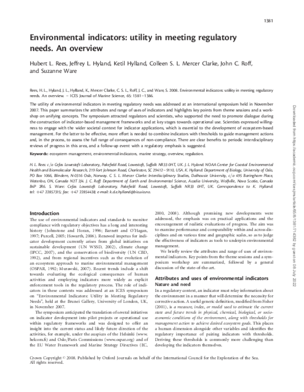 (PDF) Environmental indicators: utility in meeting regulatory needs. An overview | K. Hylland ...