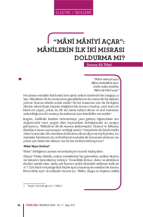 (PDF) MÂNİ MÂNİYİ AÇAR: Manilerin İlk İki Mısraı Doldurma mı?