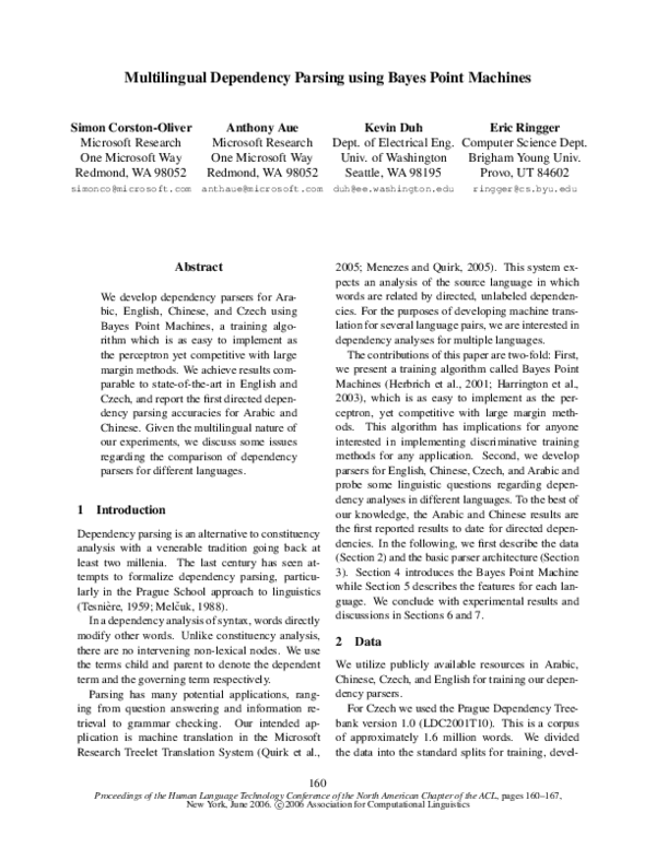 Pdf Multilingual Dependency Parsing Using Bayes Point Machines