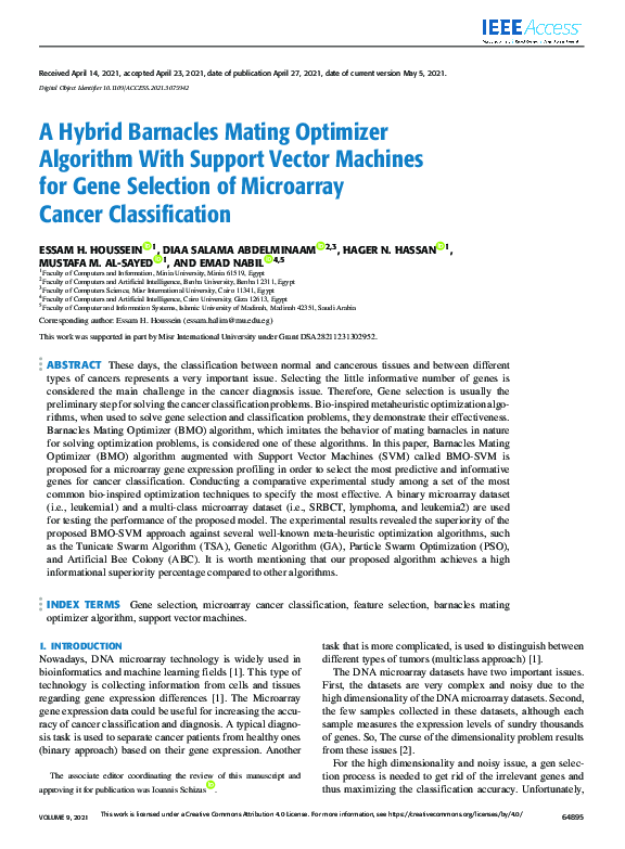 (PDF) A Hybrid Barnacles Mating Optimizer Algorithm With Support Vector Machines for Gene ...