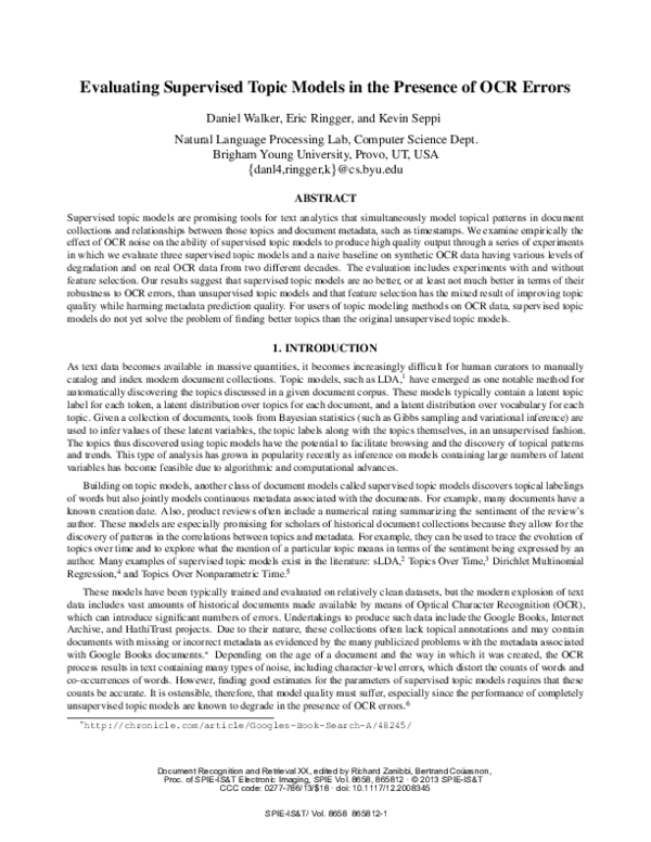 (PDF) Evaluating supervised topic models in the presence of OCR errors
