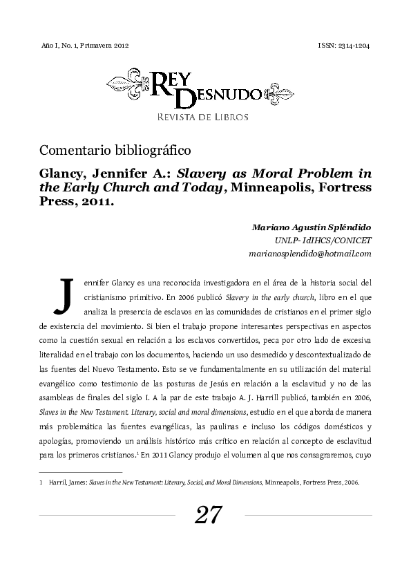 (PDF) Glancy, Jennifer A.: Slavery as Moral Problem in the Early Church ...