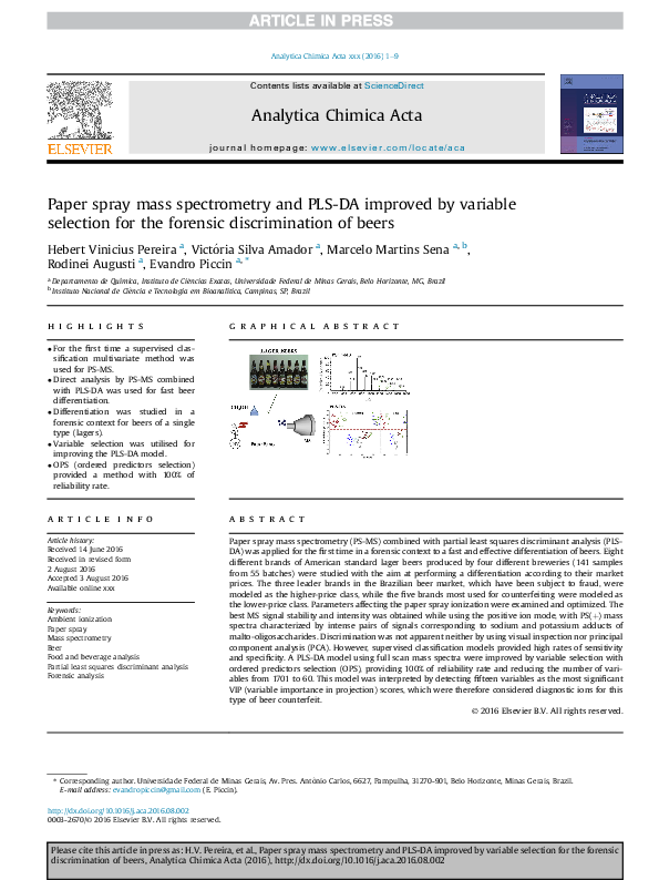 (PDF) Paper spray mass spectrometry and PLS-DA improved by variable ...