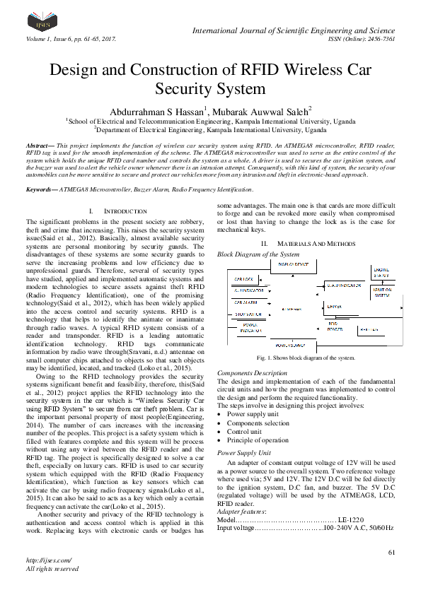 (PDF) Design and Construction of RFID Wireless Car Security System
