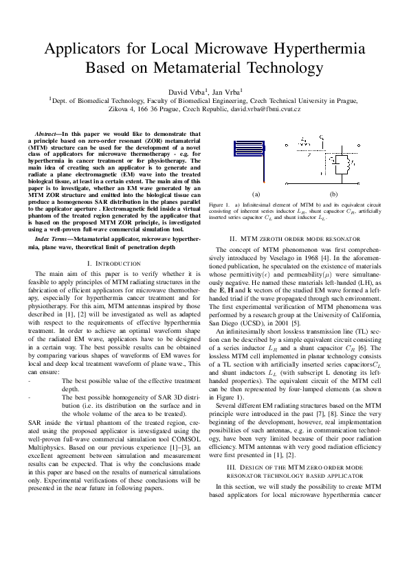 (PDF) Applicators for local microwave hyperthermia based on metamaterial technology | Jan Vrba ...
