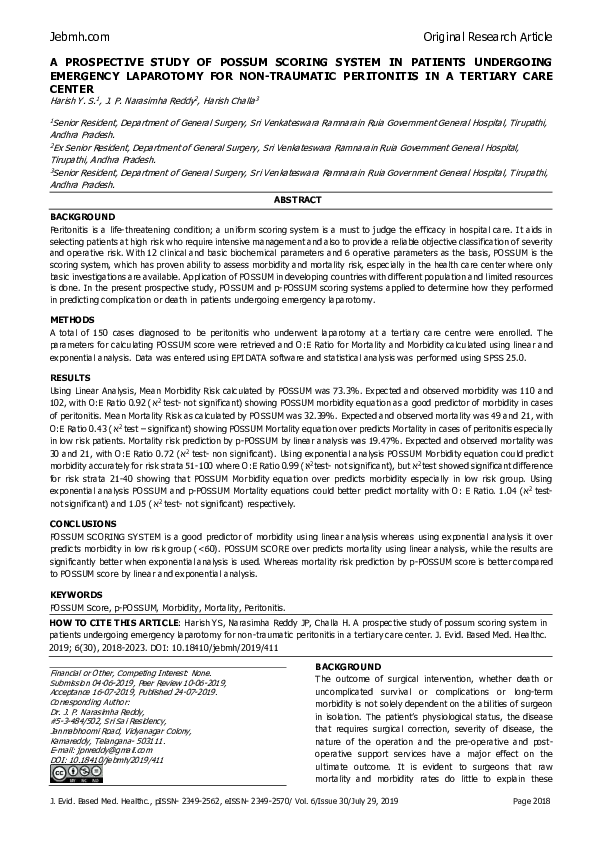 (PDF) A Prospective Study of Possum Scoring System in Patients ...