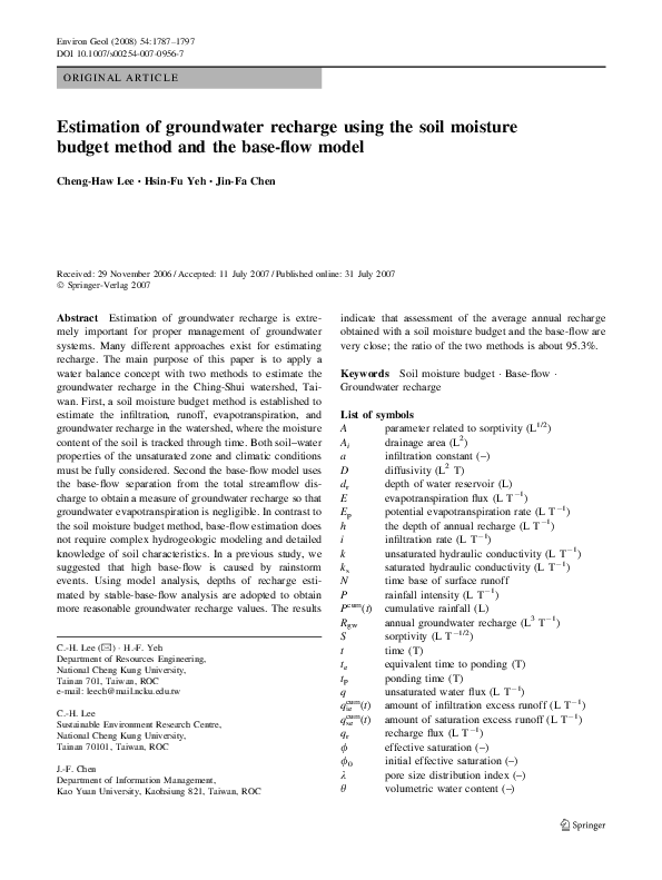 (PDF) Estimation of groundwater recharge using the soil moisture budget ...