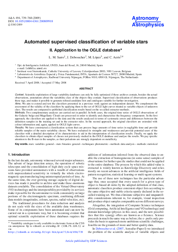 (PDF) Automated supervised classification of variable stars | Eduardo Janot-Pacheco - Academia.edu