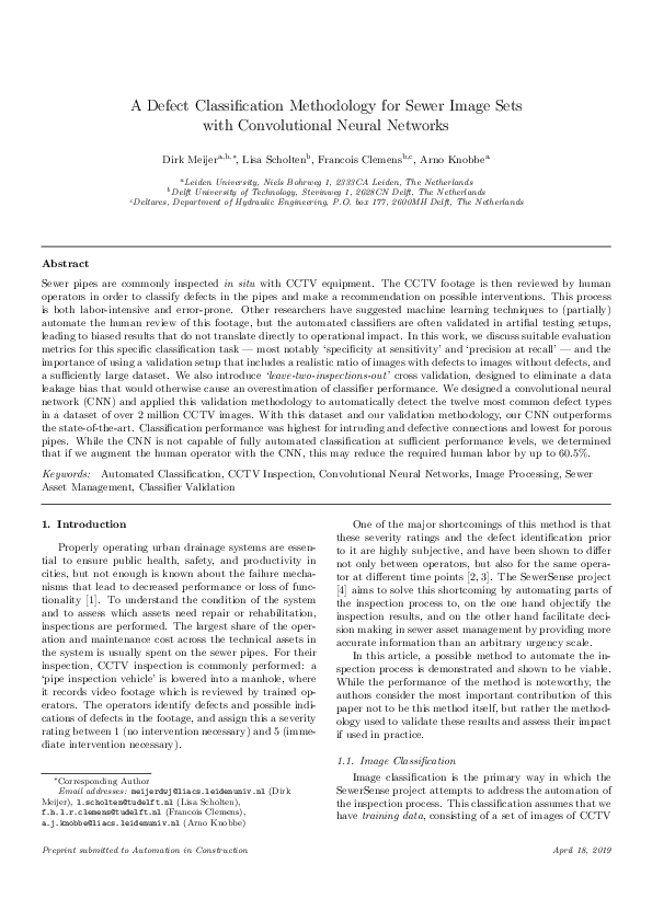 Pdf A Defect Classification Methodology For Sewer Image Sets With Convolutional Neural