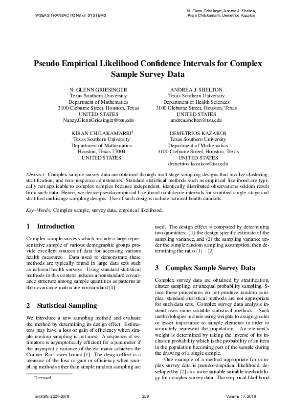 (PDF) Pseudo Empirical Likelihood Confidence Intervals for Complex Sample Survey Data