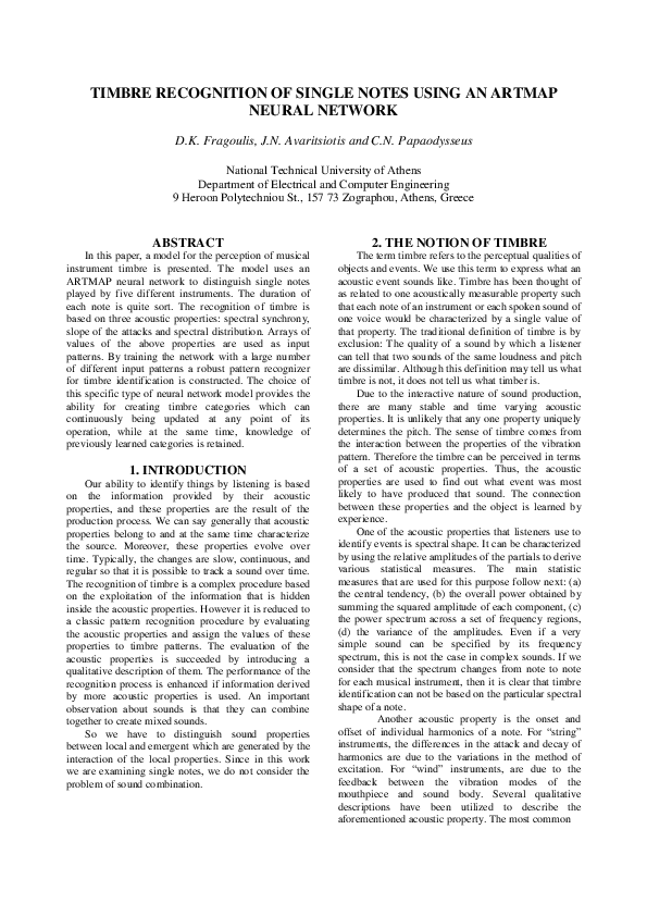 Pdf Timbre Recognition Of Single Notes Using An Artmap Neural Network John Avaritsiotis
