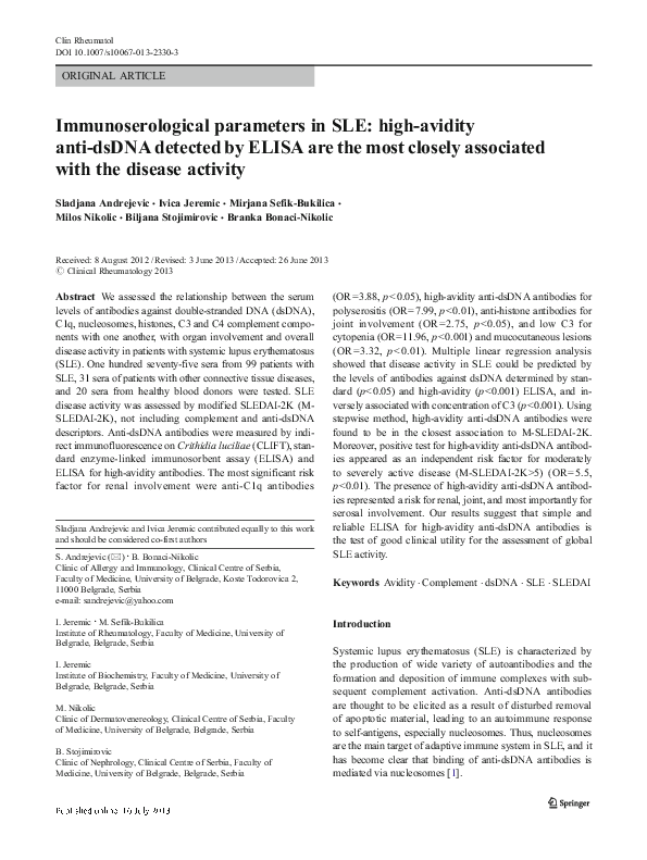 (PDF) Immunoserological parameters in SLE: high-avidity anti-dsDNA ...
