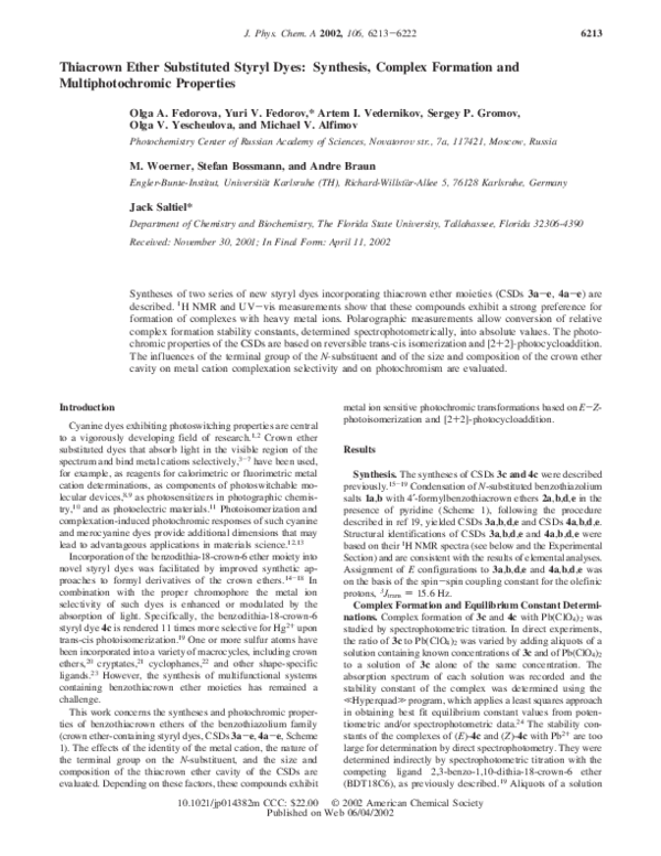 (PDF) Thiacrown Ether Substituted Styryl Dyes: Synthesis, Complex ...