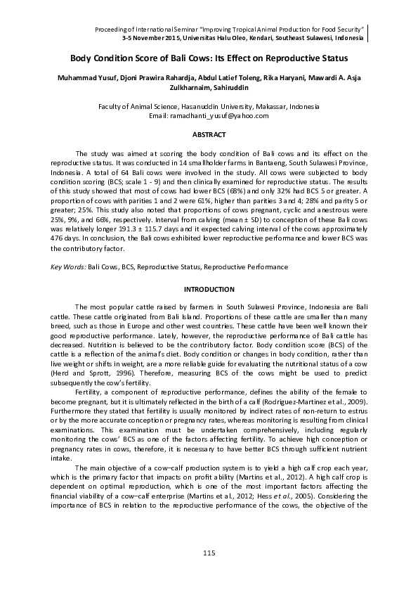 (PDF) Body Condition Score of Bali Cows: Its Effect on Reproductive Status