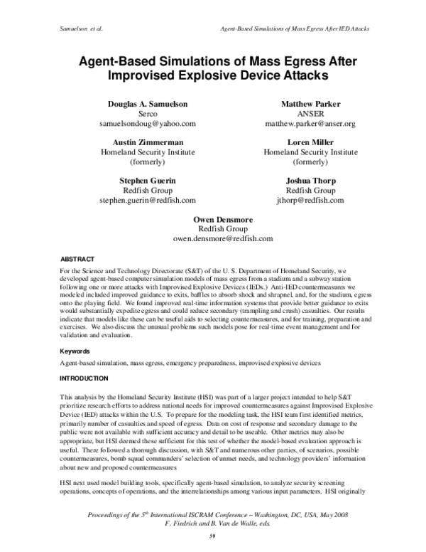 (PDF) Agent-Based Simulations of Mass Egress After Improvised Explosive Device Attacks | Stephen ...