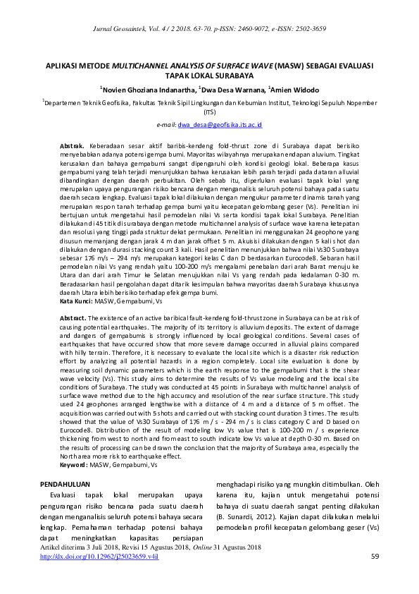 (PDF) Aplikasi Metode Multichannel Analysis Of Surface Wave (MASW) Sebagai Evaluasi Tapak Lokal ...