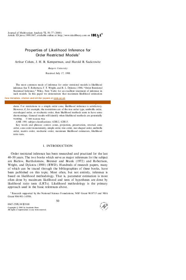 (PDF) Properties of Likelihood Inference for Order Restricted Models