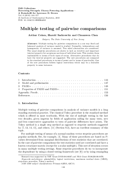 Pdf Multiple Testing Of Pairwise Comparisons