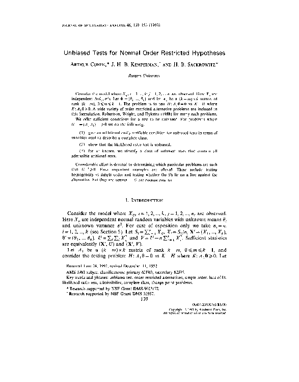 (PDF) Unbiased Tests for Normal Order Restricted Hypotheses