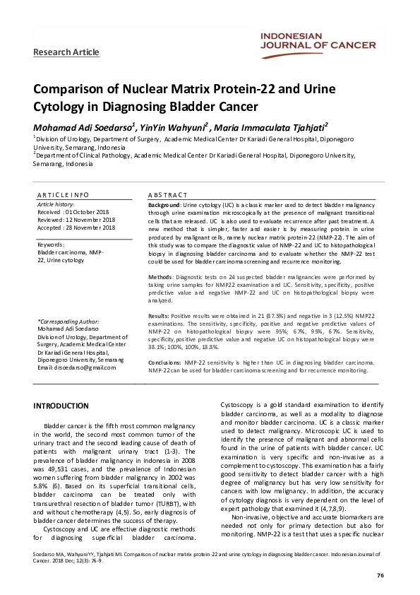 Comparison of Nuclear Matrix Protein-22 and Urine Cytology in Diagnosing Bladder Cancer