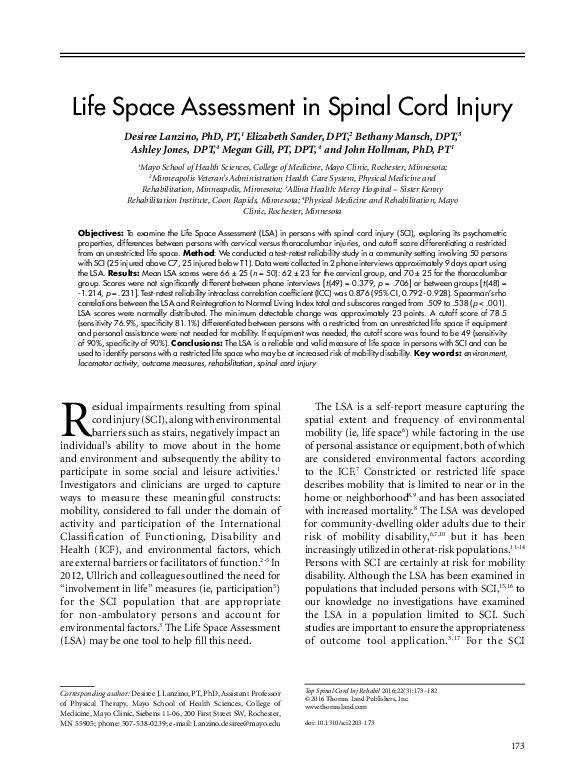 (PDF) Life Space Assessment in Spinal Cord Injury | Ashley Jones ...