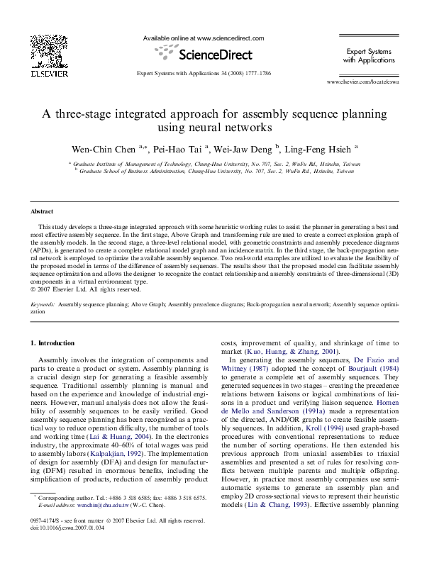 (PDF) A three-stage integrated approach for assembly sequence planning using neural networks
