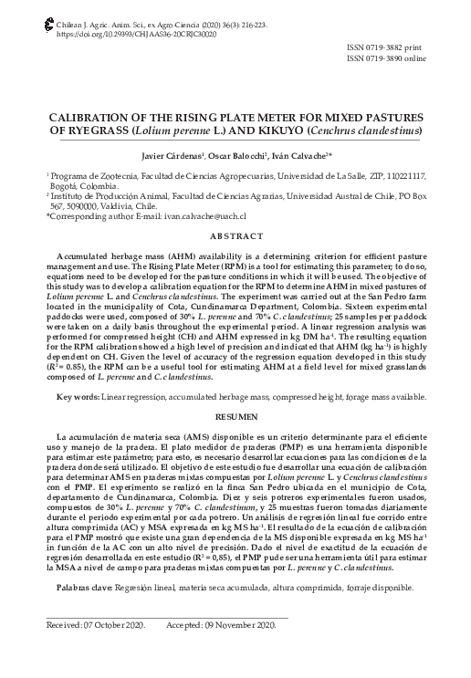 (PDF) CALIBRATION OF THE RISING PLATE METER FOR MIXED PASTURES OF ...