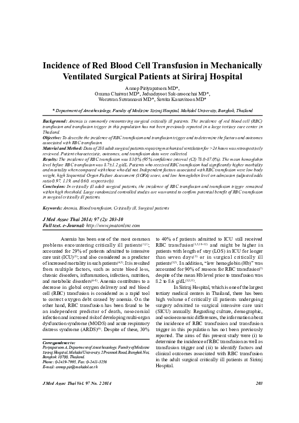 (PDF) Incidence of red blood cell transfusion in mechanically ...