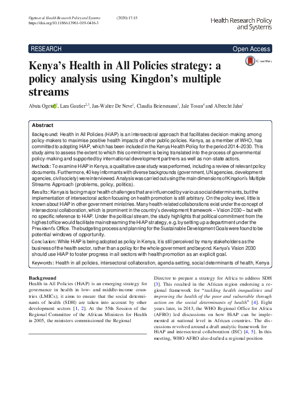 (PDF) Kenya’s Health In All Policies Strategy: A Policy Analysis Using ...