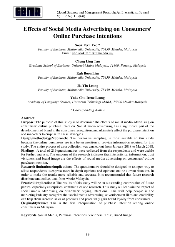 (PDF) Effects of Social Media Advertising on Consumers' Online Purchase Intentions