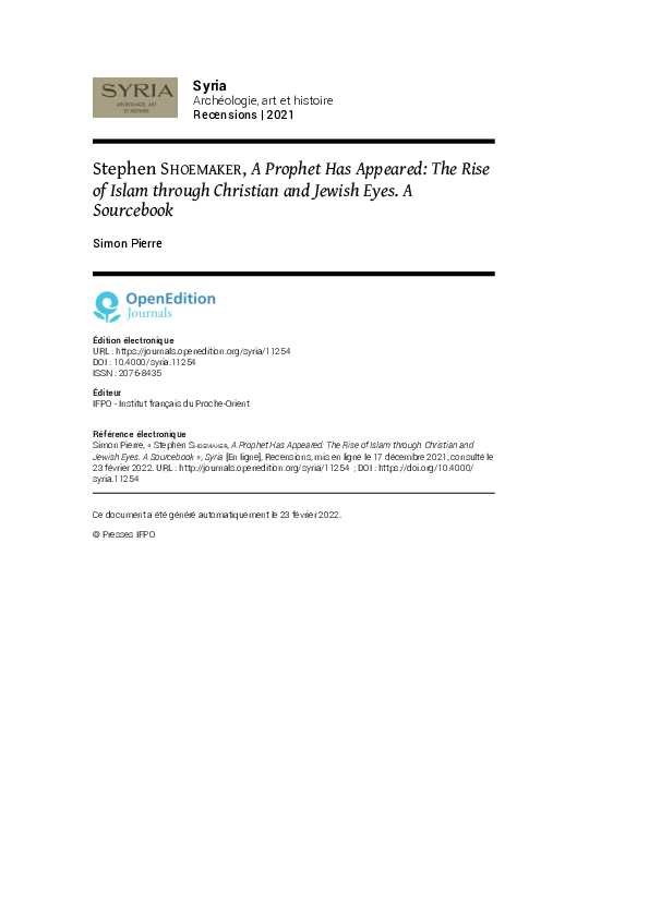 (PDF) "Stephen SHOEMAKER, A Prophet Has Appeared: The Rise of Islam ...