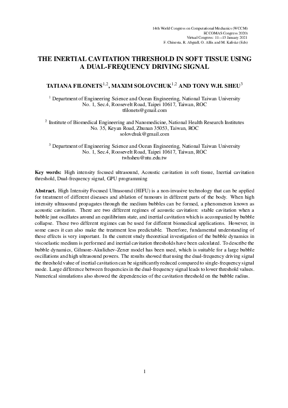 Pdf The Inertial Cavitation Threshold In Soft Tissue Using A Dual Frequency Driving Signal