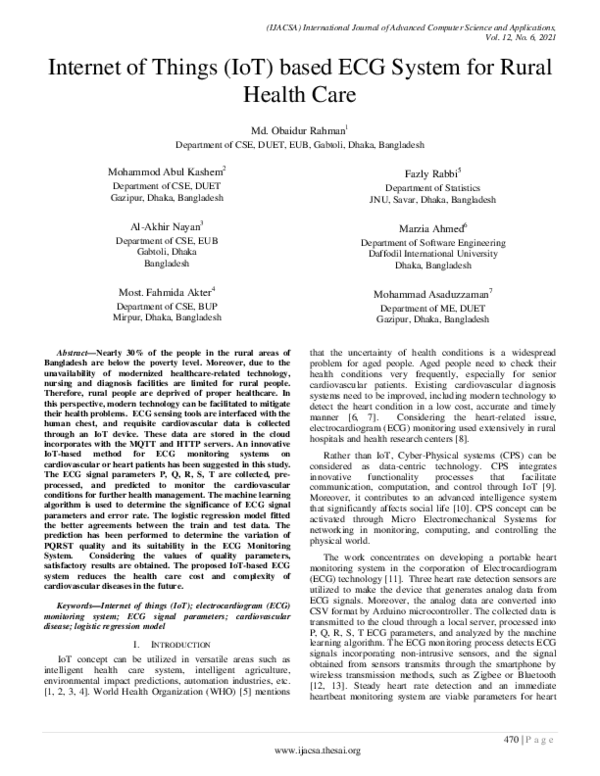 (PDF) Internet of Things (IoT) Based ECG System for Rural Health Care | Marzia Ahmed - Academia.edu
