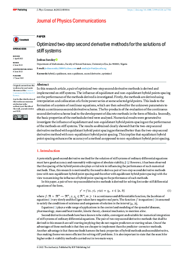 Pdf Optimized Two Step Second Derivative Methods For The Solutions Of
