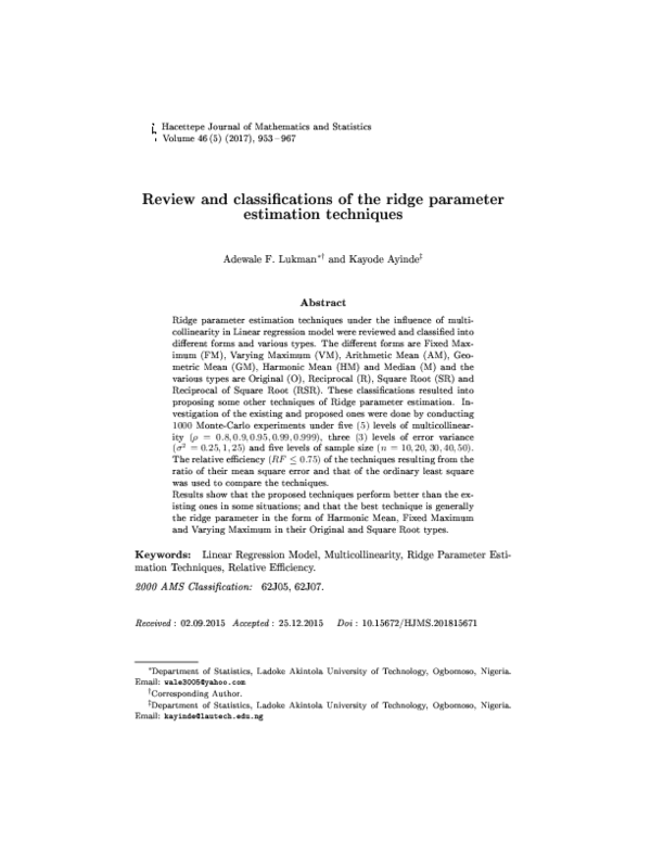 Pdf Review And Classifications Of The Ridge Parameter Estimation