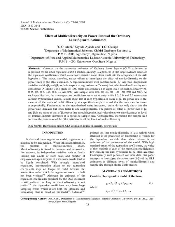 Pdf Effect Of Multicollinearity On Power Rates Of The Ordinary Least