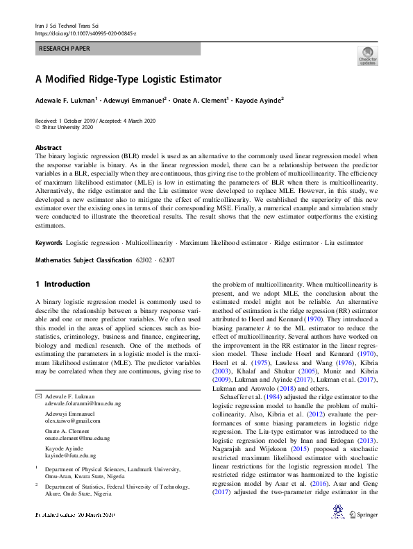 (PDF) A Modified Ridge-Type Logistic Estimator