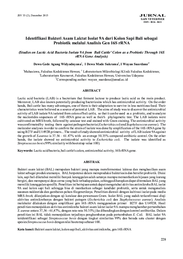(PDF) Identifikasi Bakteri Asam Laktat Isolat 9A dari Kolon Sapi Bali sebagai Probiotik melalui ...