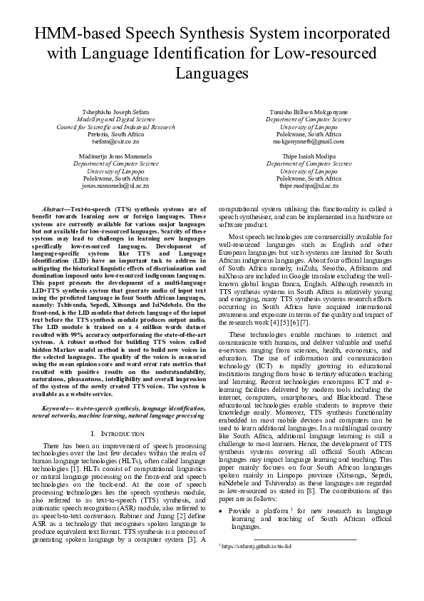 (PDF) HMM-based Speech Synthesis System incorporated with Language Identification for Low ...