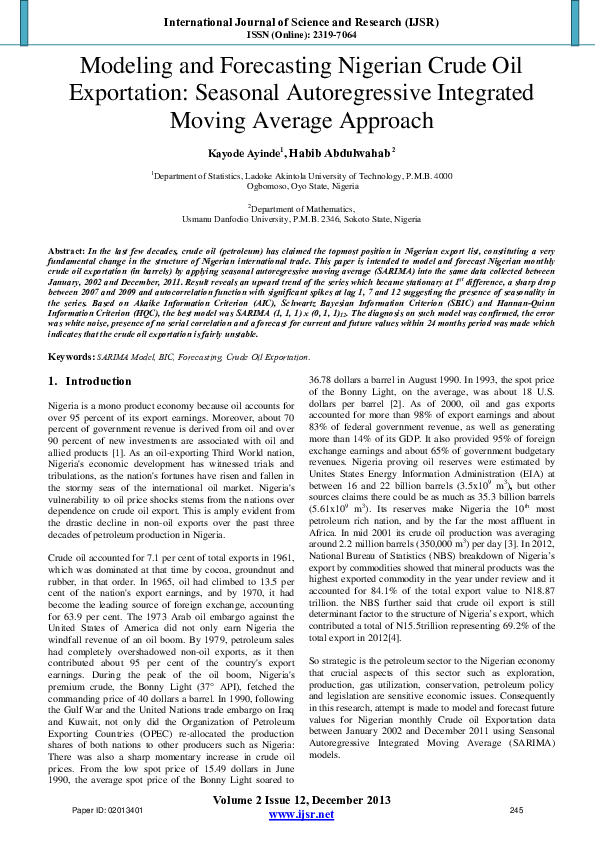 (PDF) Modeling and Forecasting Nigerian Crude Oil Exportation: Seasonal Autoregressive ...