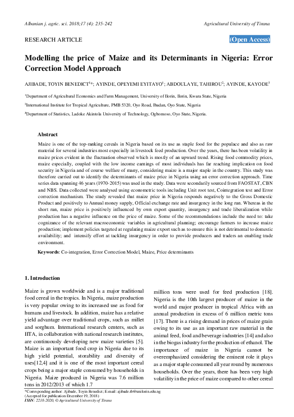 Pdf Modelling The Price Of Maize And Its Determinants In Nigeria Error Correction Model Approach