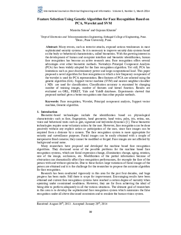 (PDF) Feature Selection Using Genetic Algorithm for Face Recognition Based on PCA, Wavelet and SVM