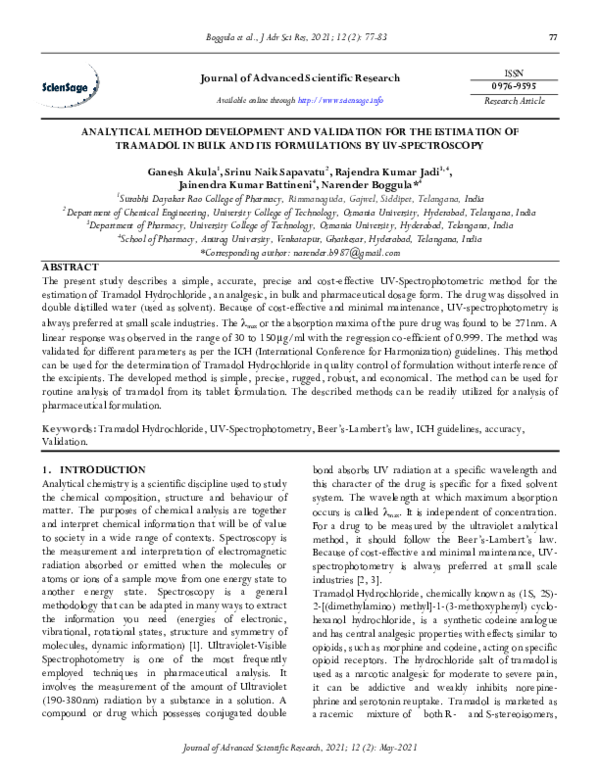 Pdf Analytical Method Development And Validation For The Estimation Of Tramadol In Bulk And