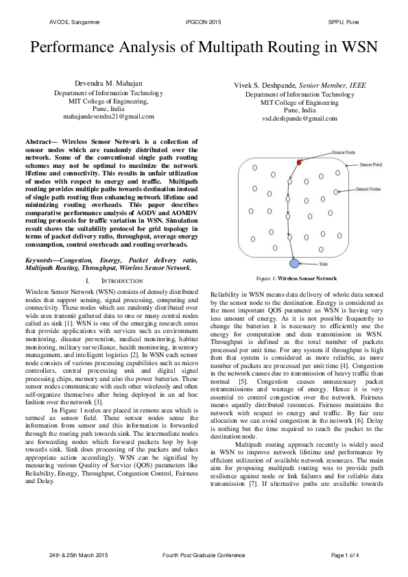 (PDF) Performance Analysis of Multipath Routing in WSN | Vivek Deshpande - Academia.edu