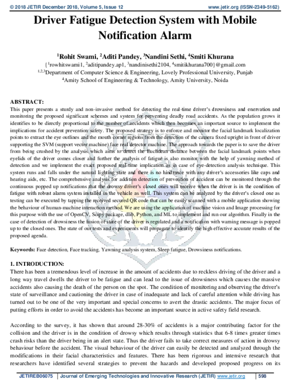 (PDF) Driver Fatigue Detection System with Mobile Notification Alarm | Rohit Swami - Academia.edu
